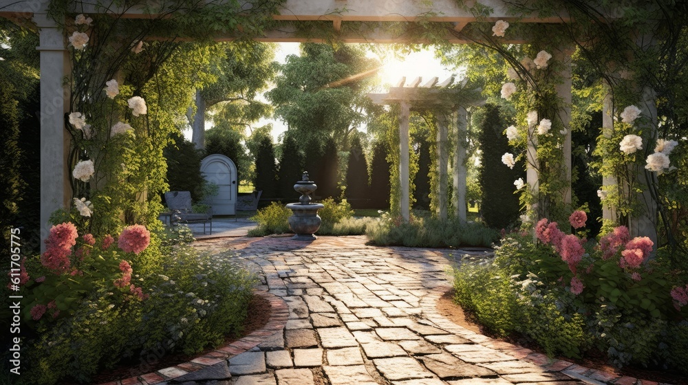 English Garden Style Patio with Rose Arbor and Stone Path. Generative AI. Stock Illustration ...