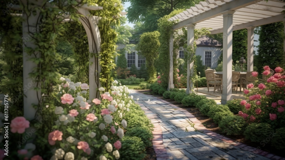 English Garden Style Patio with Rose Arbor and Stone Path. Generative AI. Stock Illustration ...