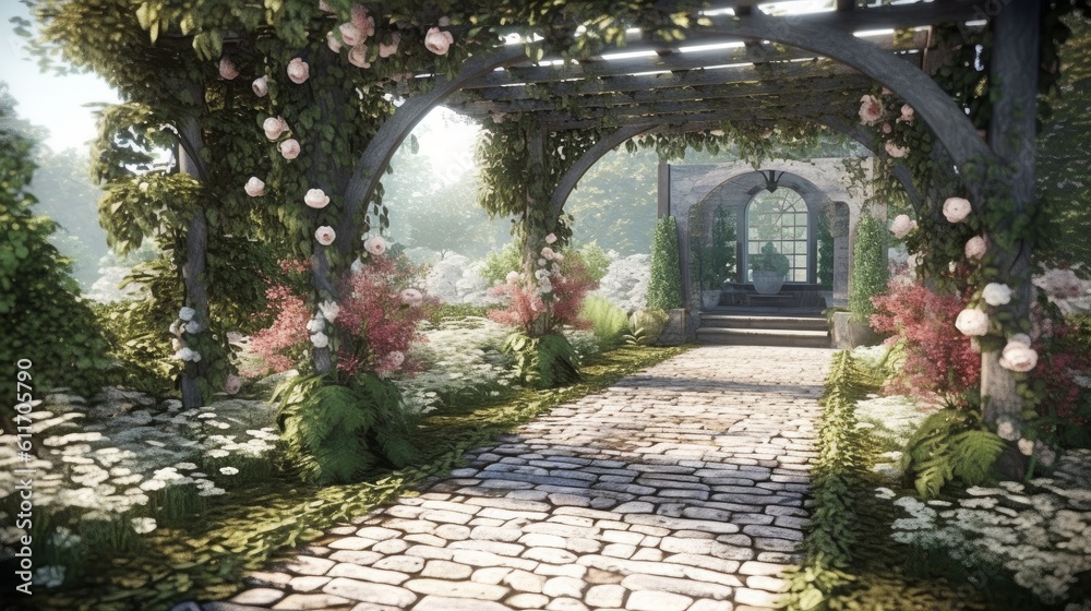 English Garden Style Patio with Rose Arbor and Stone Path. Generative AI. Stock Illustration ...
