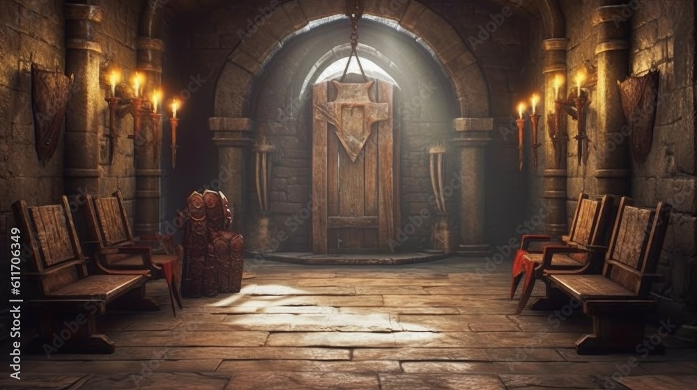 Medieval underground bunker with throne room and armory. Generative AI ...