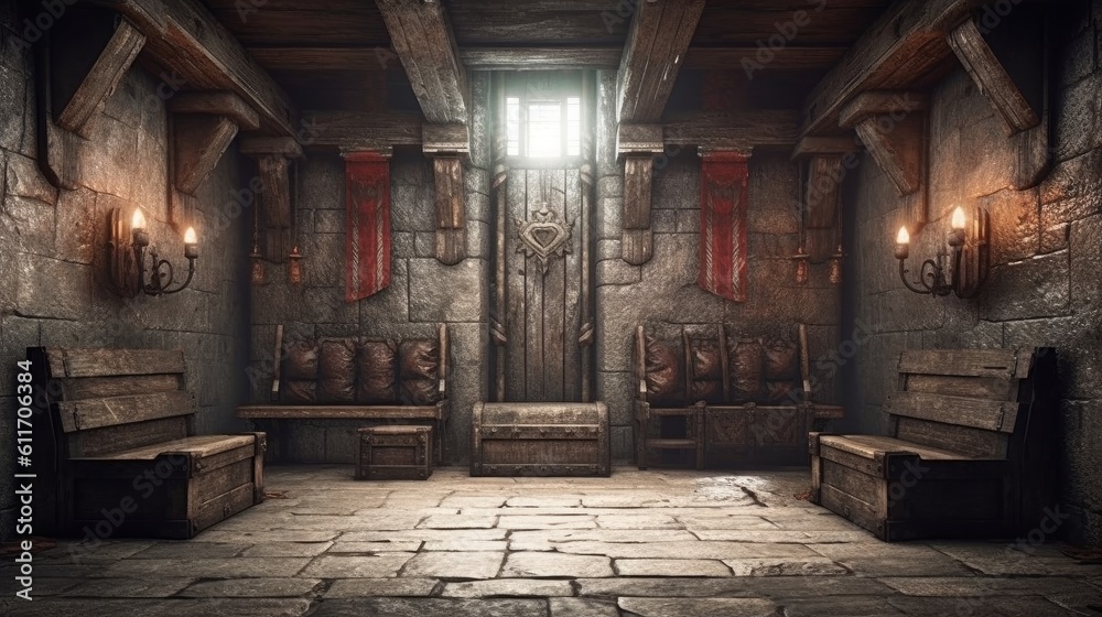 Medieval underground bunker with throne room and armory. Generative AI ...