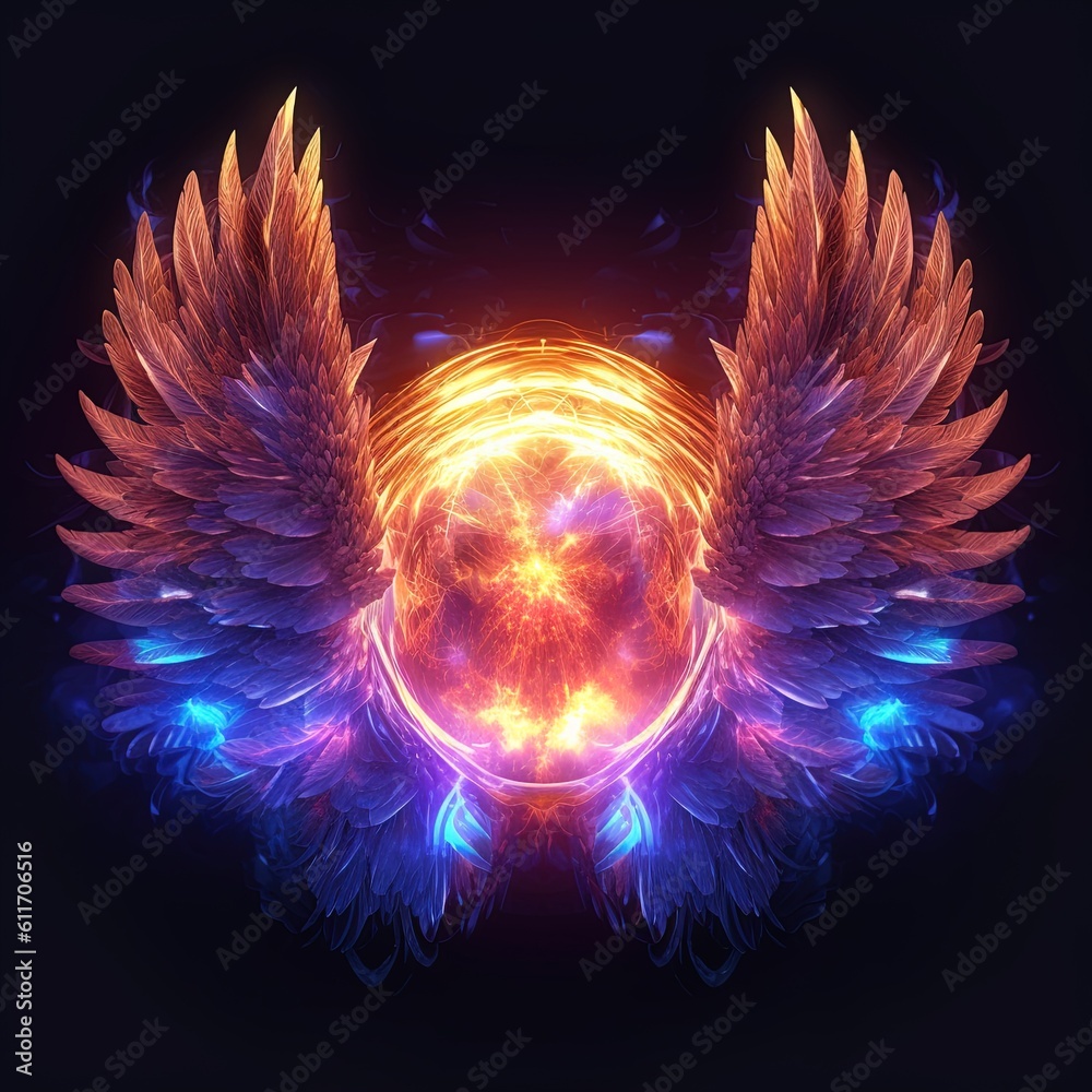 Spiritual orb with wings of love, cosmic magical sphere glowing on dark ...