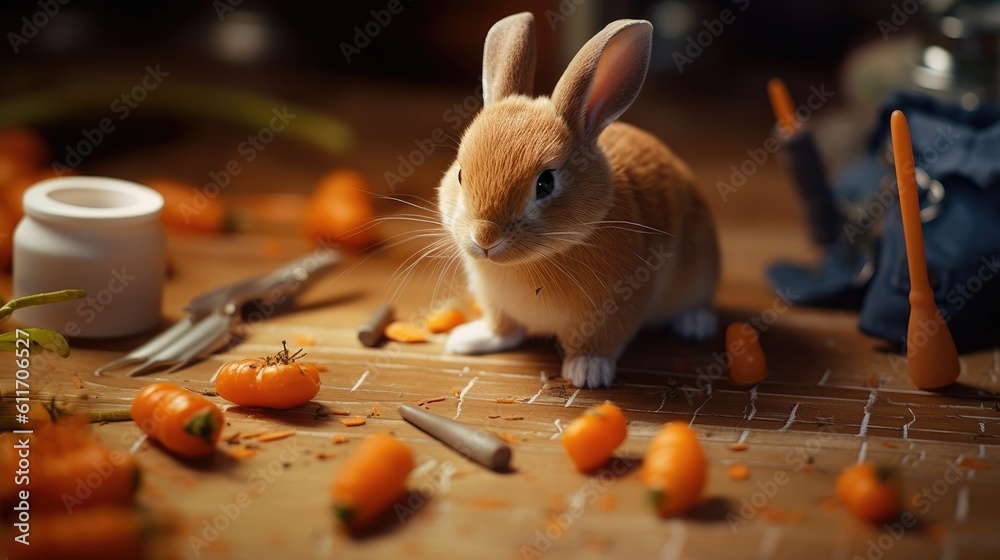 A curious rabbit wearing a detective hat, examining a 'clue' made of ...