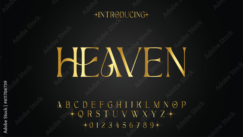 HEAVEN, elegant golden alphabet letters font set. Classic Custom gold ...