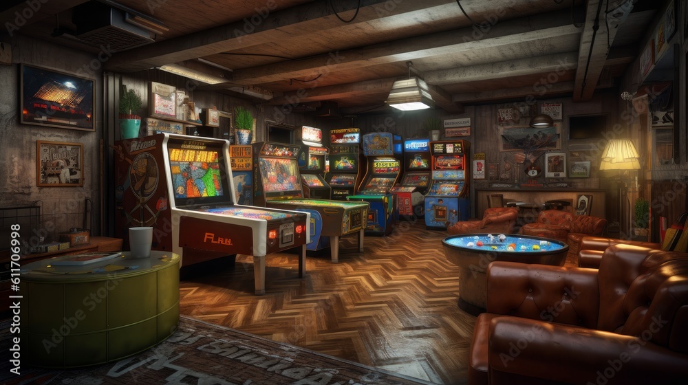 Retro underground bunker with vintage arcade and jukebox. Generative AI ...