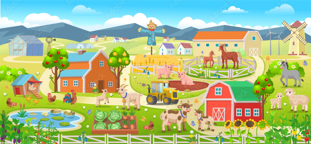 Vetor de Farm panorama with a greenhouse, barn, houses, mills, fields ...