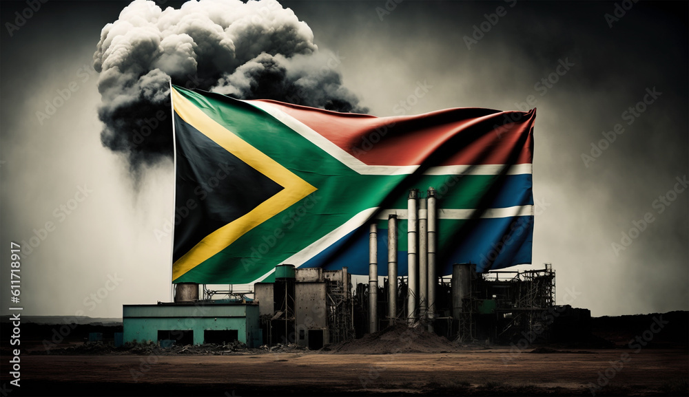 Concept of pollution. South African flag in front of factory smoke. Air ...
