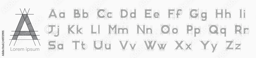 Architectural project font, technical draw style alphabet. Geometrical ...