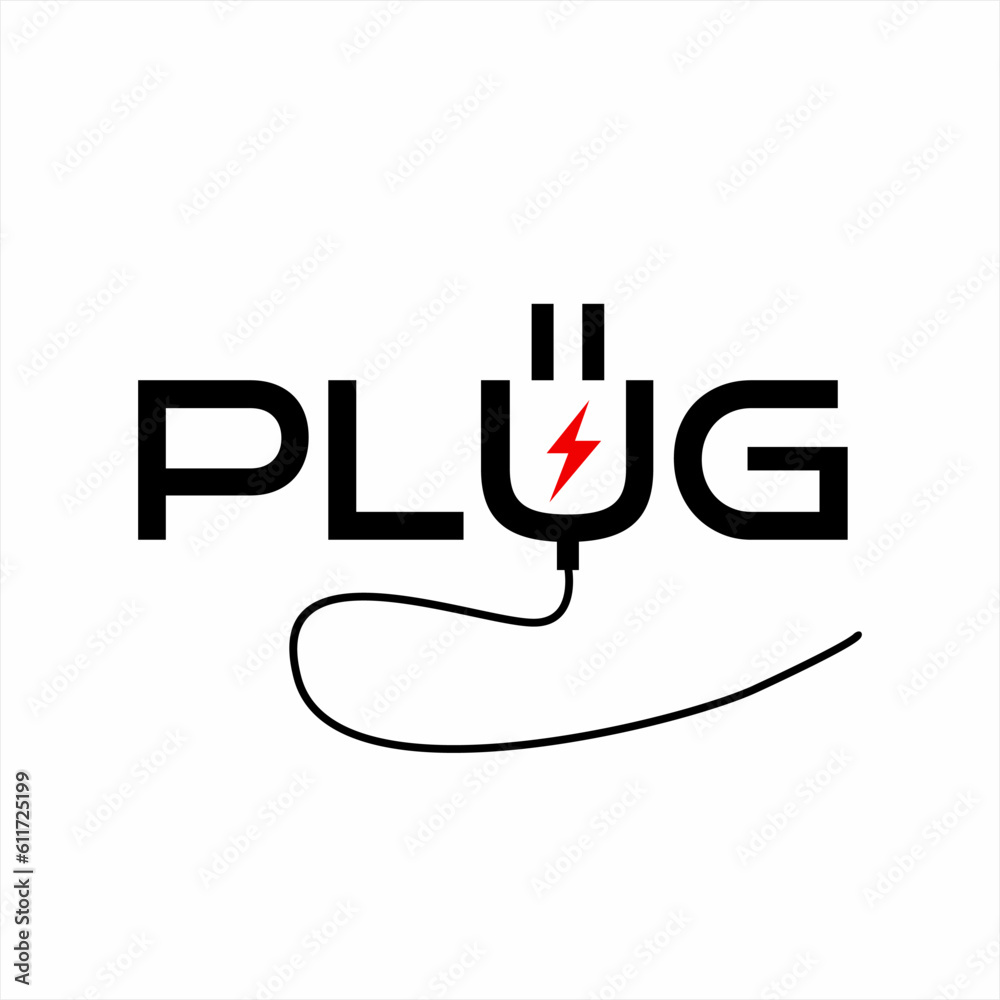 Plug word design with plug symbol in letter U. Stock Vector | Adobe Stock
