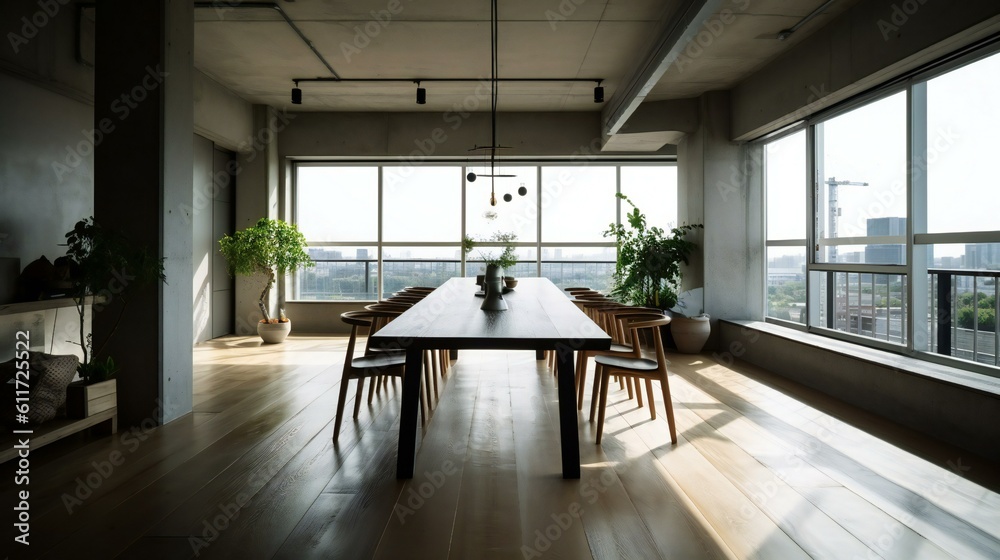 Urban Loft Meeting Room, Expansive Windows, Wooden Table, Minimalist ...