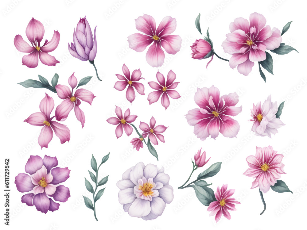 set of watercolor sakura elements on transparent background, generative ...