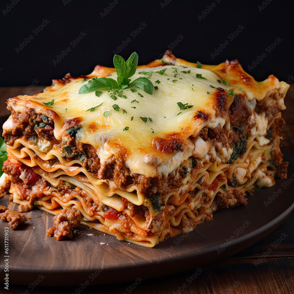 Single portion of meat and cheese lasagna plated created with ...