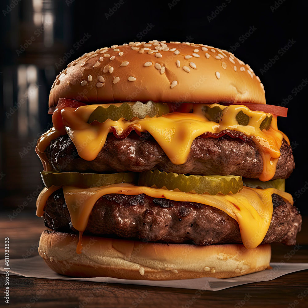 The perfect burger stack with melted cheese and the works with sesame ...