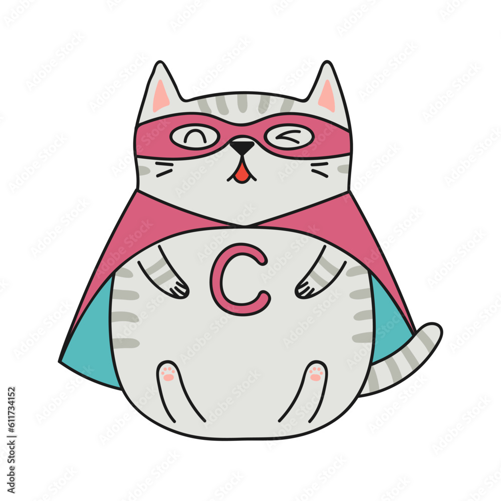 Cute funny superhero cat cartoon character illustration. Hand drawn ...