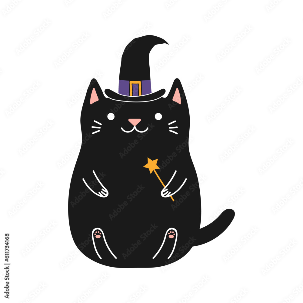 Cute funny magician cat cartoon character illustration. Hand drawn ...