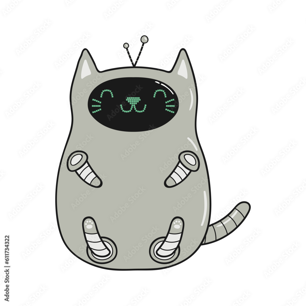 Cute funny robot cat cartoon character illustration. Hand drawn kawaii ...
