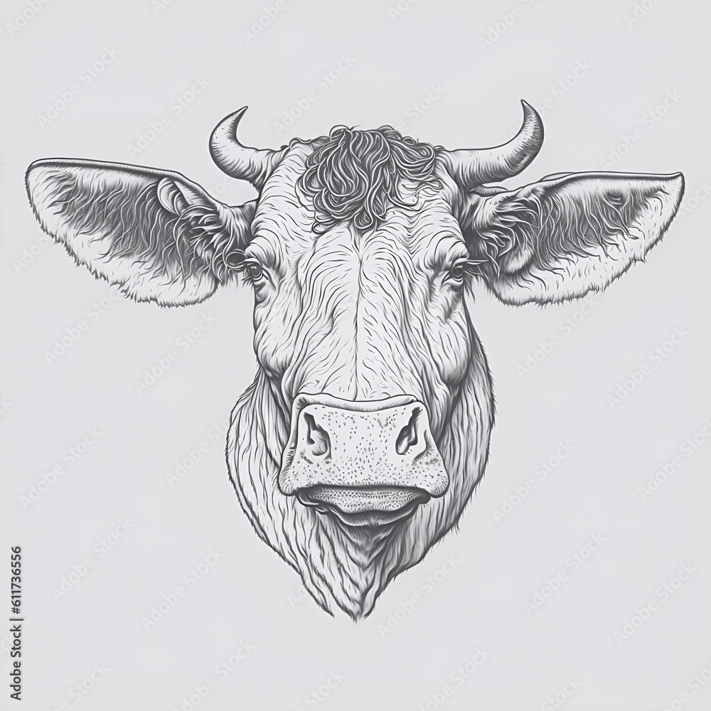 Cows head. Hand drawn sketch in a graphic style. Vintage engraving ...