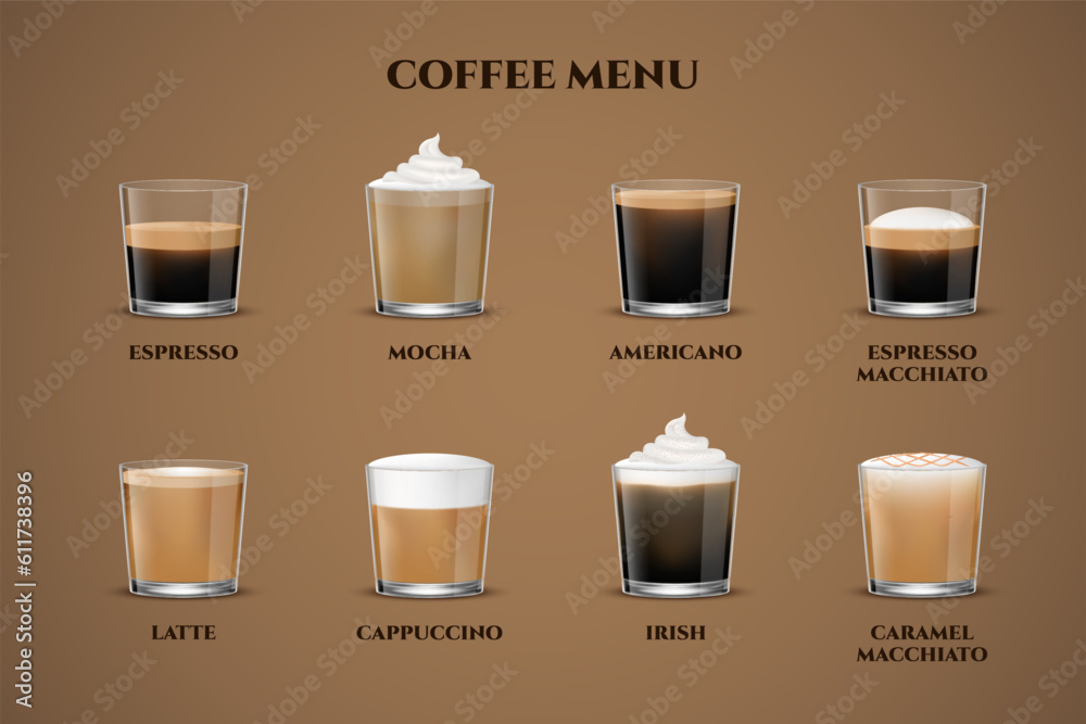 Coffee menu. Espresso in transparent glass cup, cappuccino and latte ...