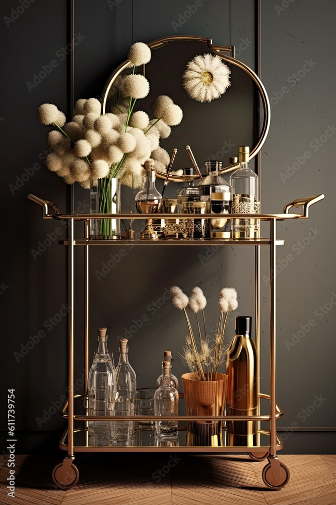 Modern 3D Mini Bar Interior Design with Masculine Brass Trolley, Drinks ...