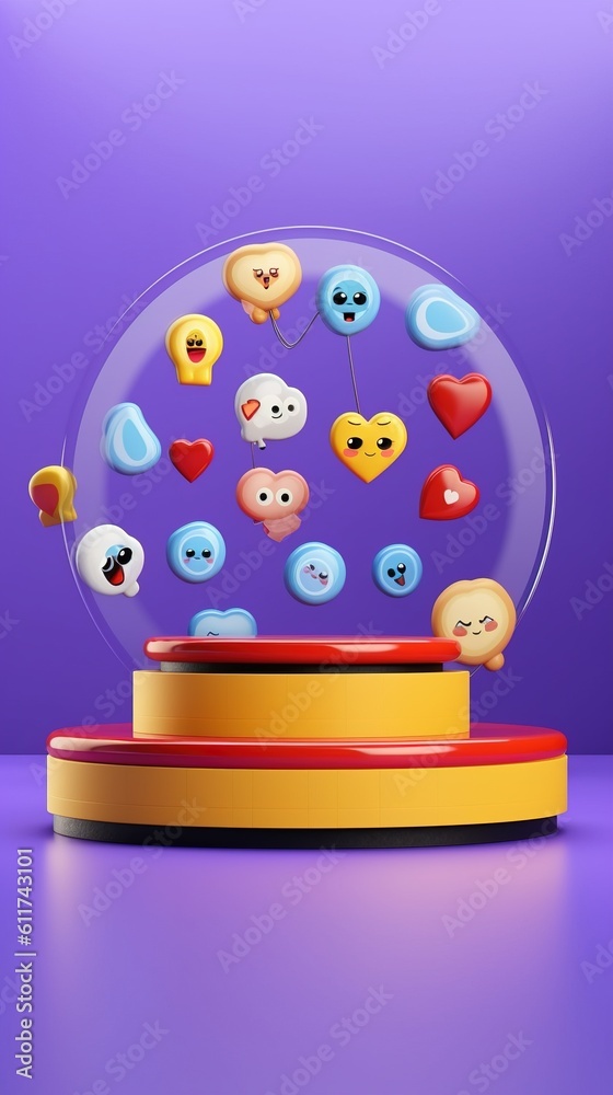 Cartoon emoticon display stand with candles and confetti. Social media ...