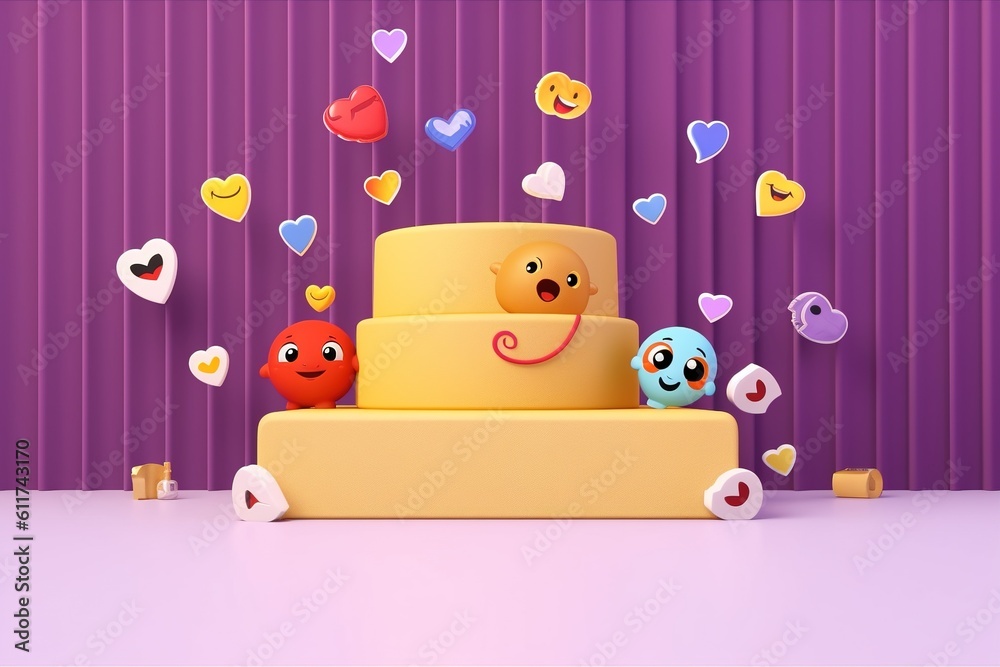 Cartoon emoticon display stand with candles and confetti. Social media ...