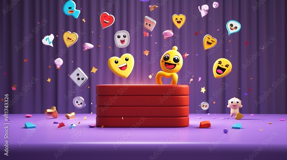 Cartoon emoticon display stand with candles and confetti. Social media ...