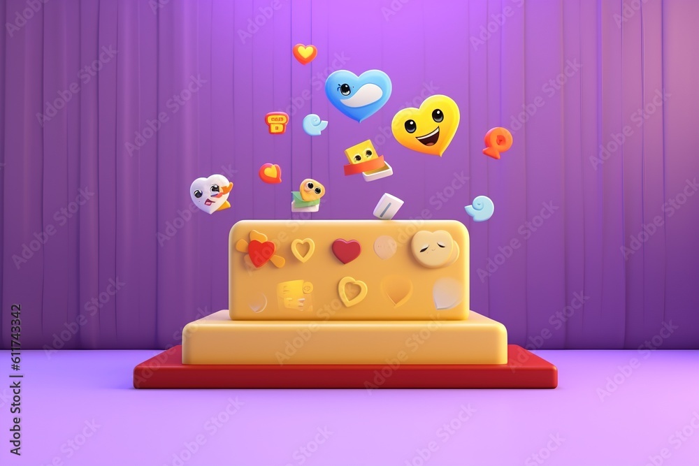 Cartoon emoticon display stand with candles and confetti. Social media ...