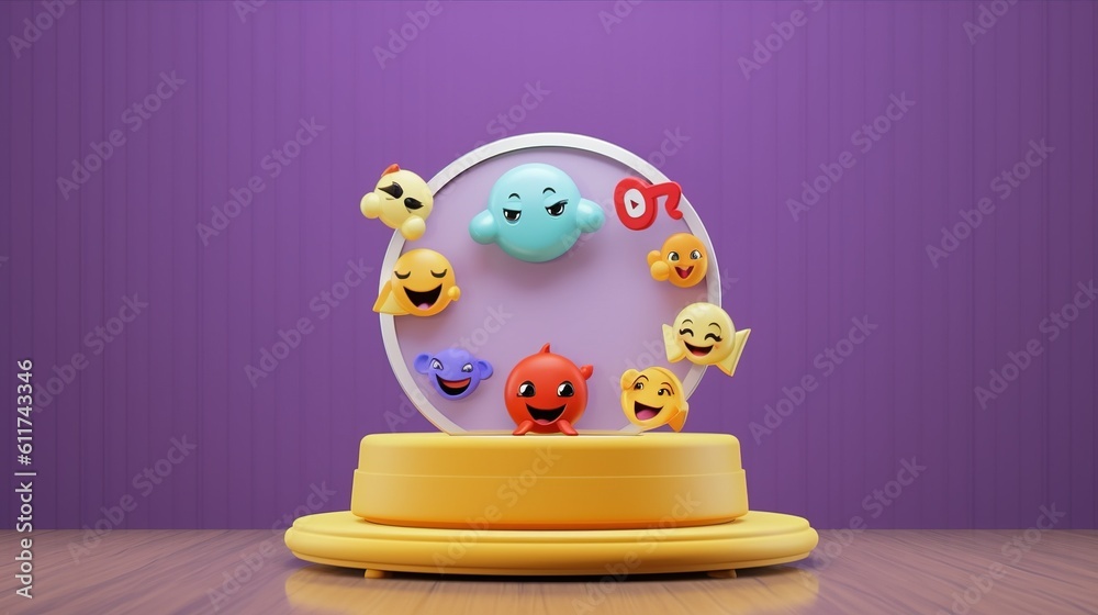 Cartoon emoticon display stand with candles and confetti. Social media ...