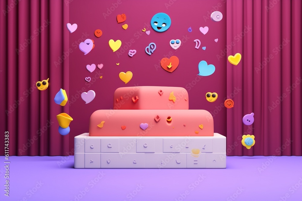 Cartoon emoticon display stand with candles and confetti. Social media ...