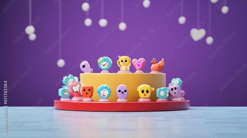 Cartoon emoticon display stand with candles and confetti. Social media ...