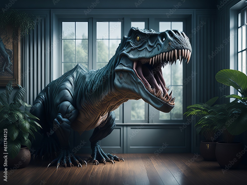 T Rex dinosaur, Tyrannosaurus rex in the room concept. Generative AI ...