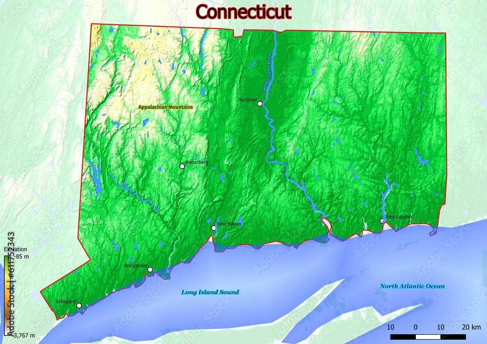 Physical map of Connecticut with mountains, plains, bridges, rivers ...