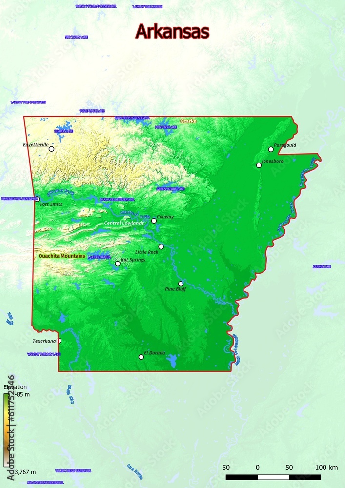 Physical map of Arkansas with mountains, plains, bridges, rivers, lakes ...