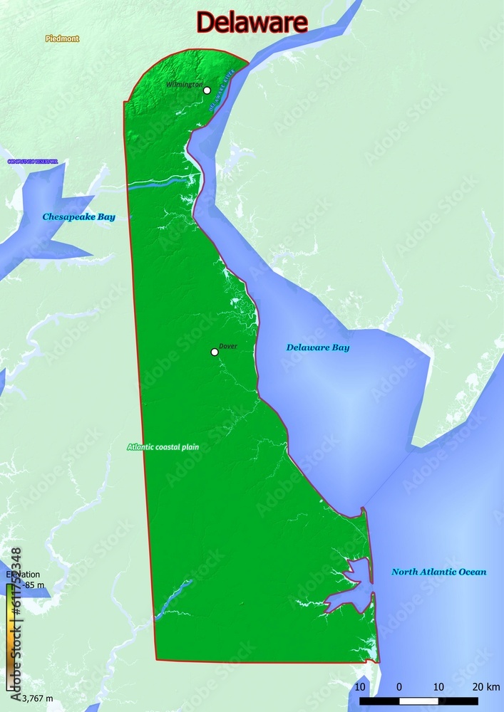 Physical map of Delaware with mountains, plains, bridges, rivers, lakes ...