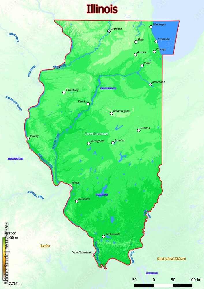 Physical map of Illinois with mountains, plains, bridges, rivers, lakes ...