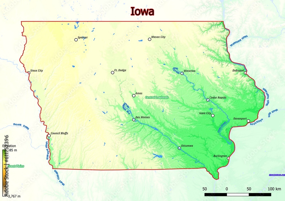 Physical map of Iowa with mountains, plains, bridges, rivers, lakes ...
