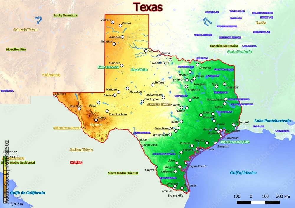 Physical map of Texas with mountains, plains, bridges, rivers, lakes ...