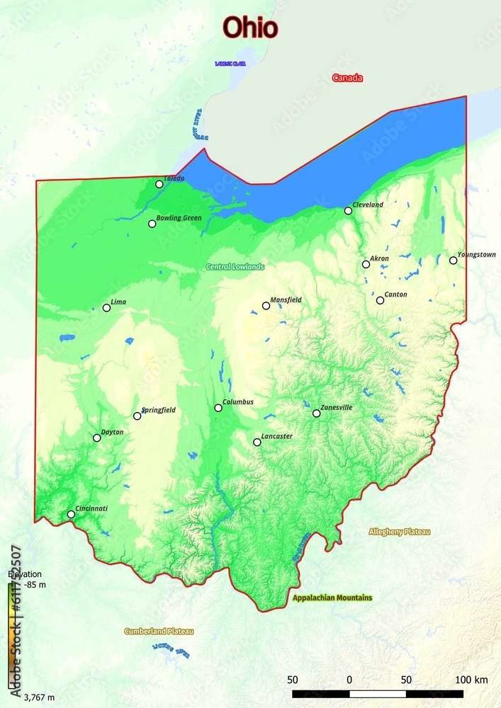 Physical map of Ohio with mountains, plains, bridges, rivers, lakes ...