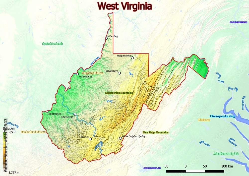 Physical map of West Virginia with mountains, plains, bridges, rivers ...