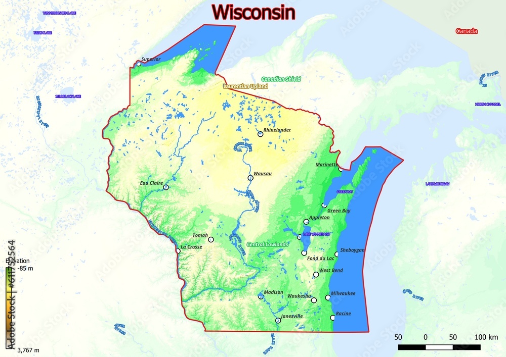 Physical map of Wisconsin with mountains, plains, bridges, rivers ...