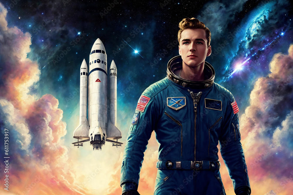 Spaceman on background of stars and universe, space theme in the retro ...