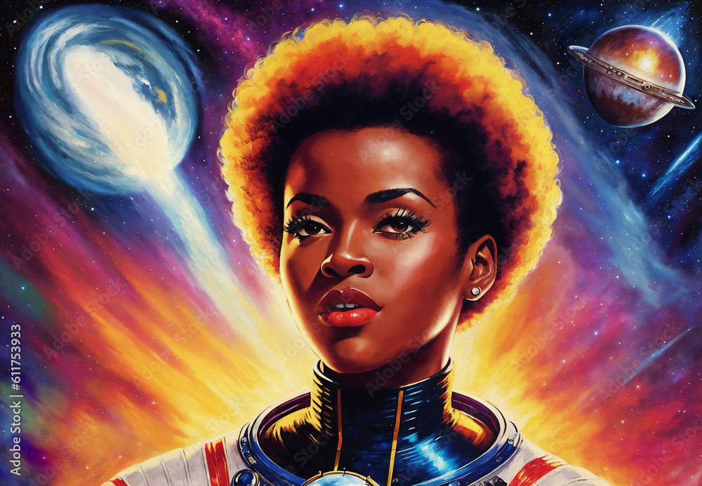 Woman as an astronaut on background of stars and universe, space theme ...