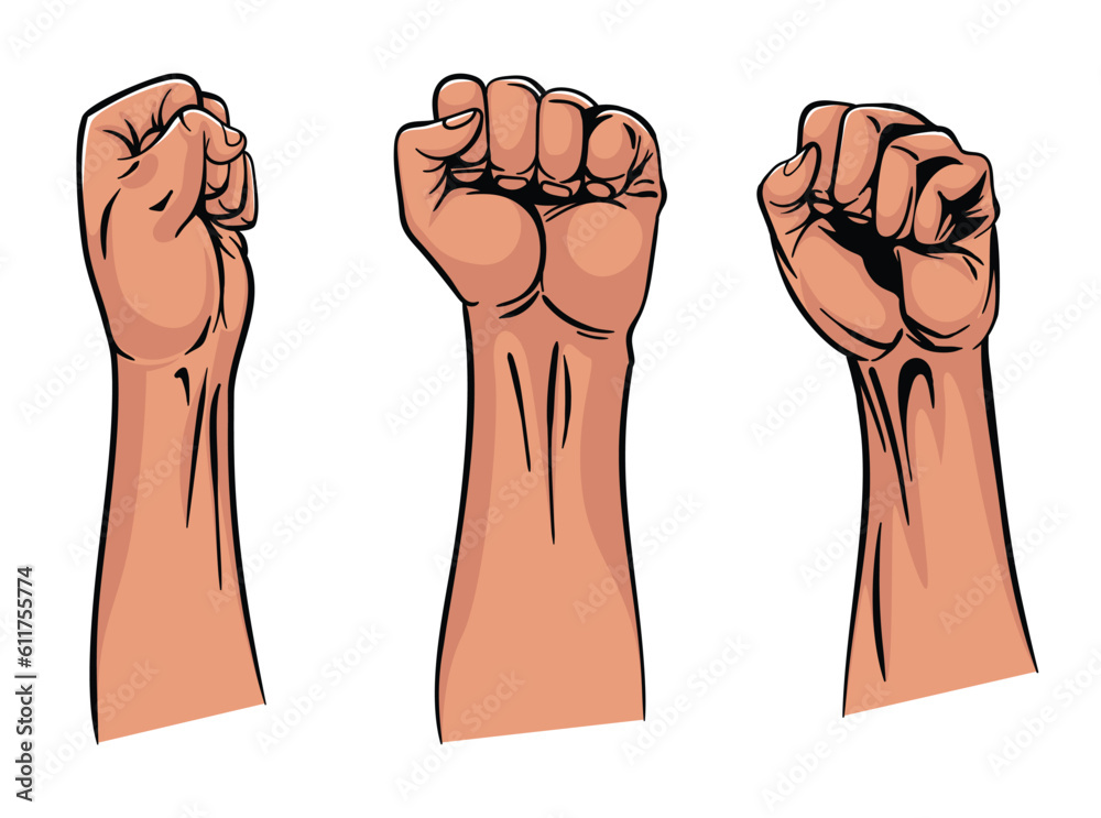 Rised fist hand gesture emblems. Vector hand clenched into fist and ...