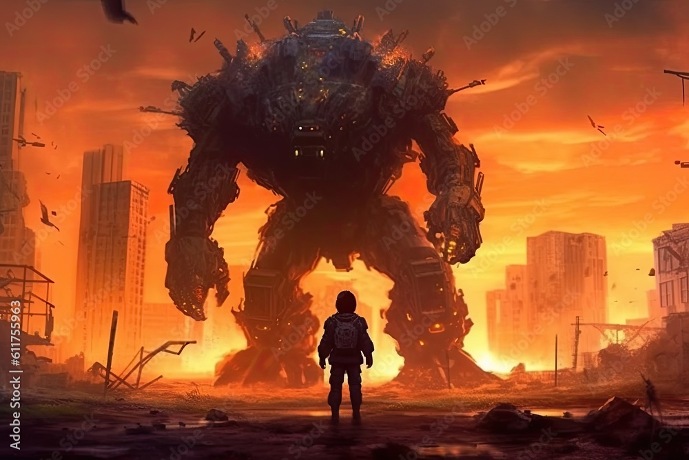 Illustrate an epic futuristic fantasy scene showcasing a fearless ...