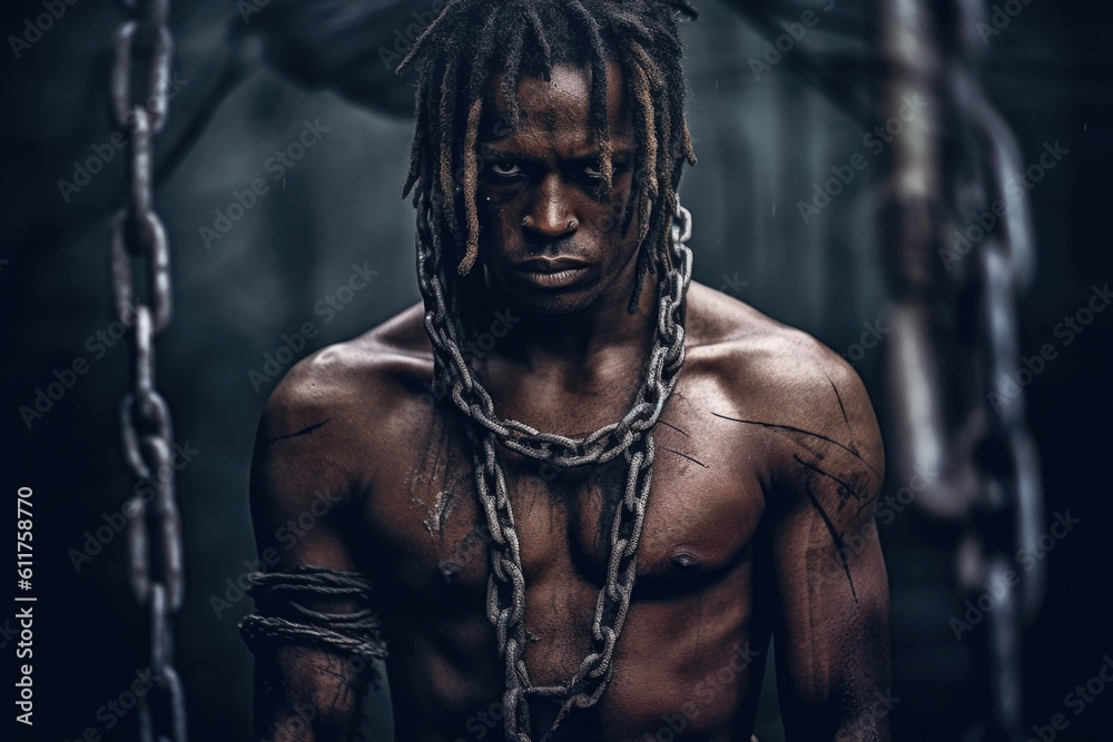 Male prisoner in chain. Slavery concept. Victim chained in captivity. Created with Generative AI ...