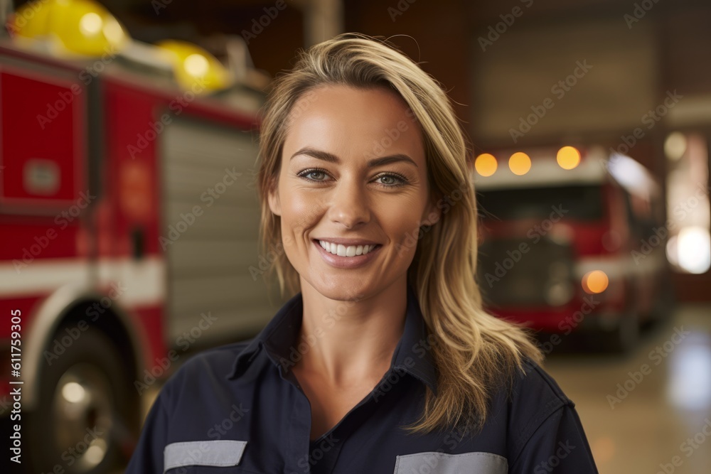 Portrait of a smiling firewoman standing in front of a fire engine ...