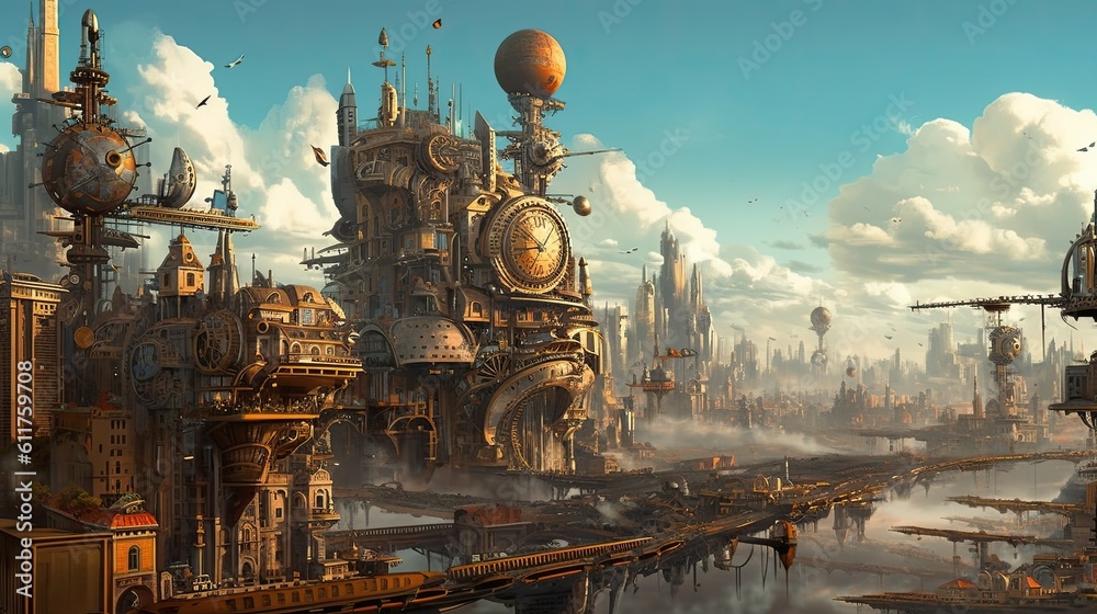 Poster, Foto a steampunk metropolis where airships soar amidst towering skyscrapers and gear ...