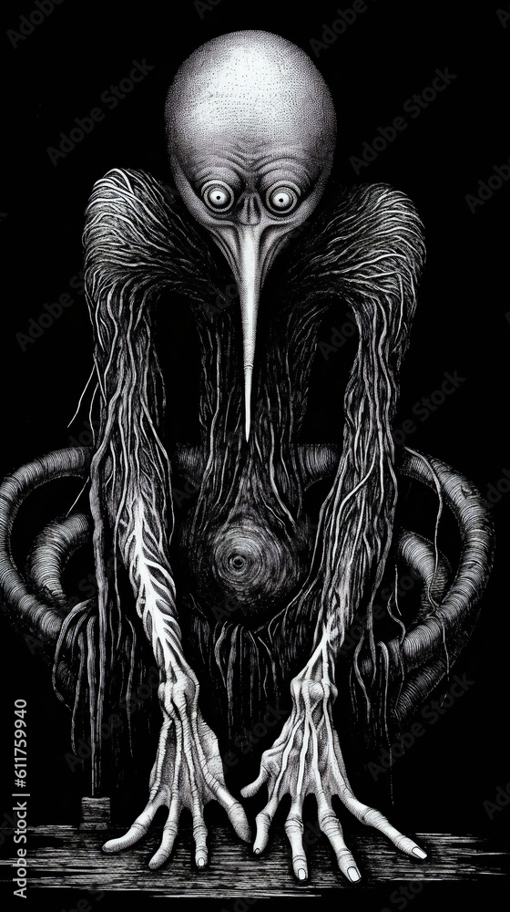 Symbolism surrealism ink drawing hatching, full body portrait including ...