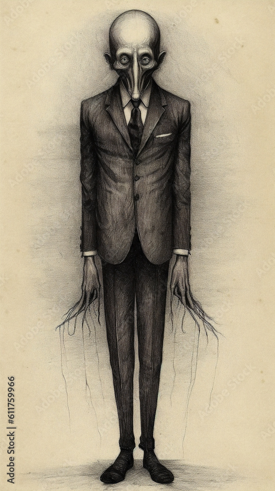 Symbolism surrealism ink drawing hatching, full body portrait including ...