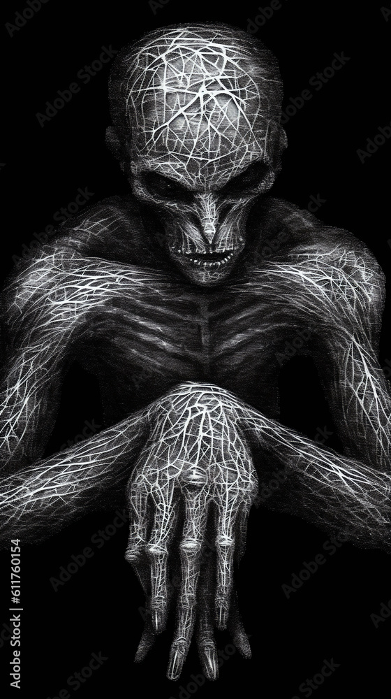 Symbolism surrealism ink drawing hatching, full body portrait including ...